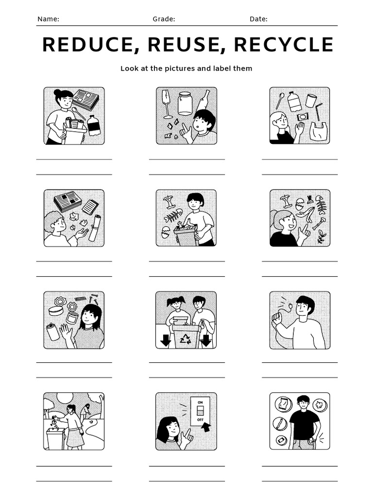 Reduce Reuse Recycle Vocabulary Set of Worksheets in Monochromatic ...