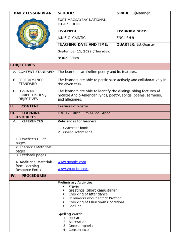 Lesson Plan | PDF | Poetry | Rhyme