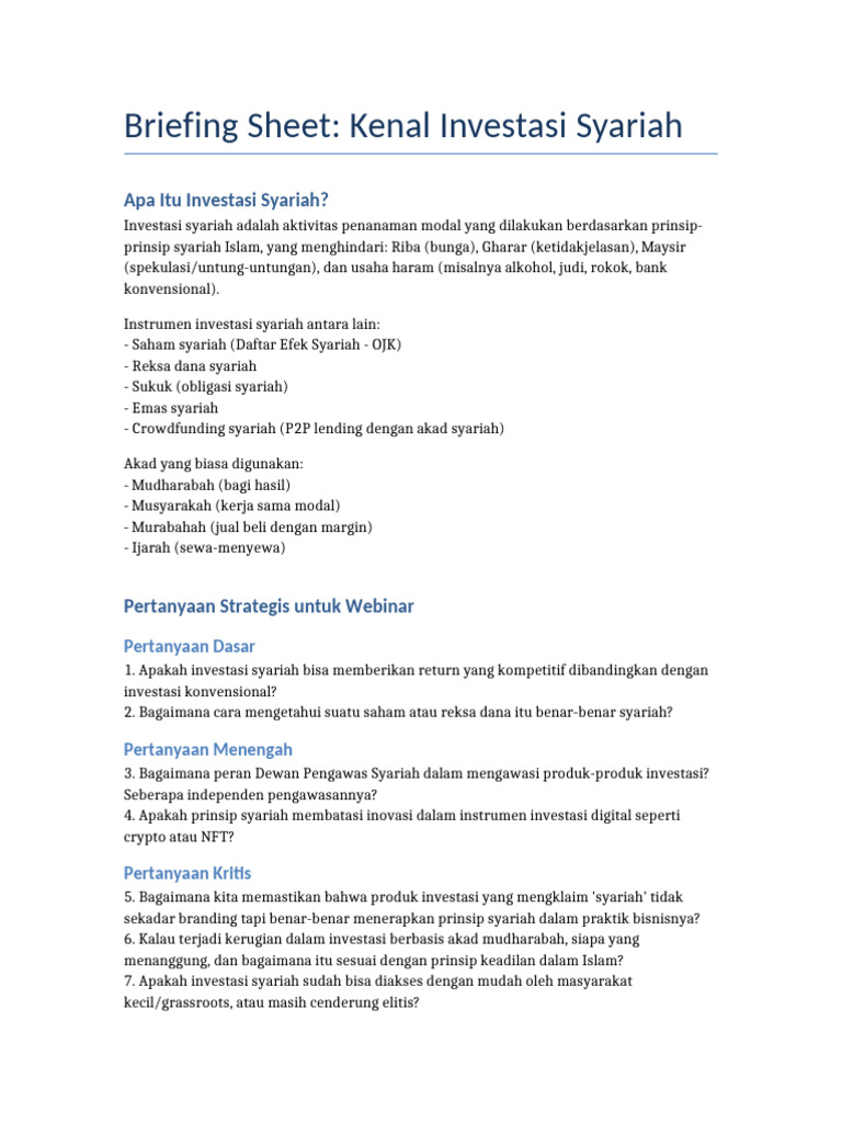 Briefing Sheet Investasi Syariah | PDF