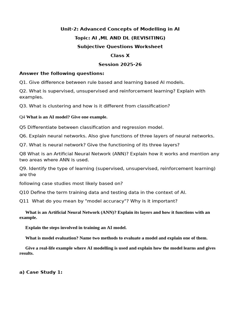 AI Worksheet 2.2 - Class X - Subjective | PDF | Artificial Intelligence ...