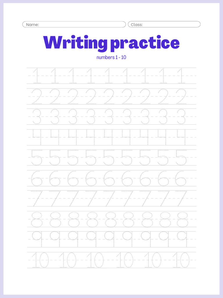 Writing Numbers Worksheet in Purple White Simple Style | PDF
