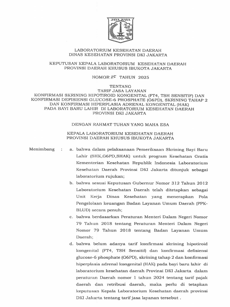 Labkesda DKI Jakarta_SK Tarif Program Bayi Baru Lahir | PDF