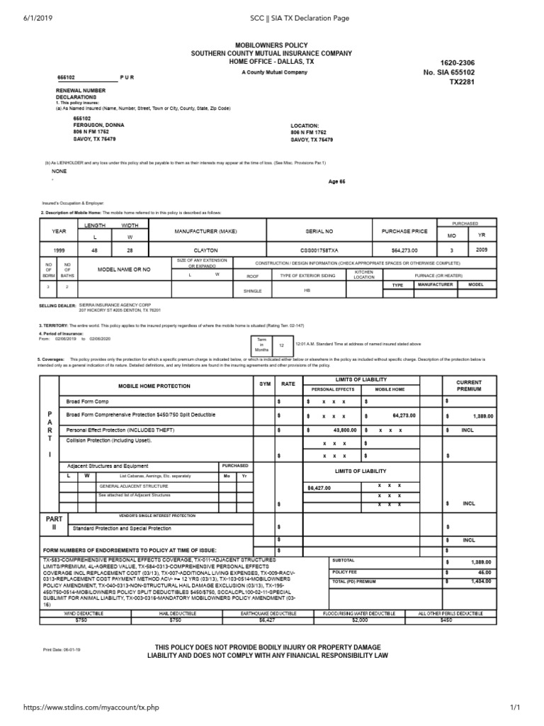 SCC - SIA TX Declaration Page | PDF | Insurance | Financial Risk