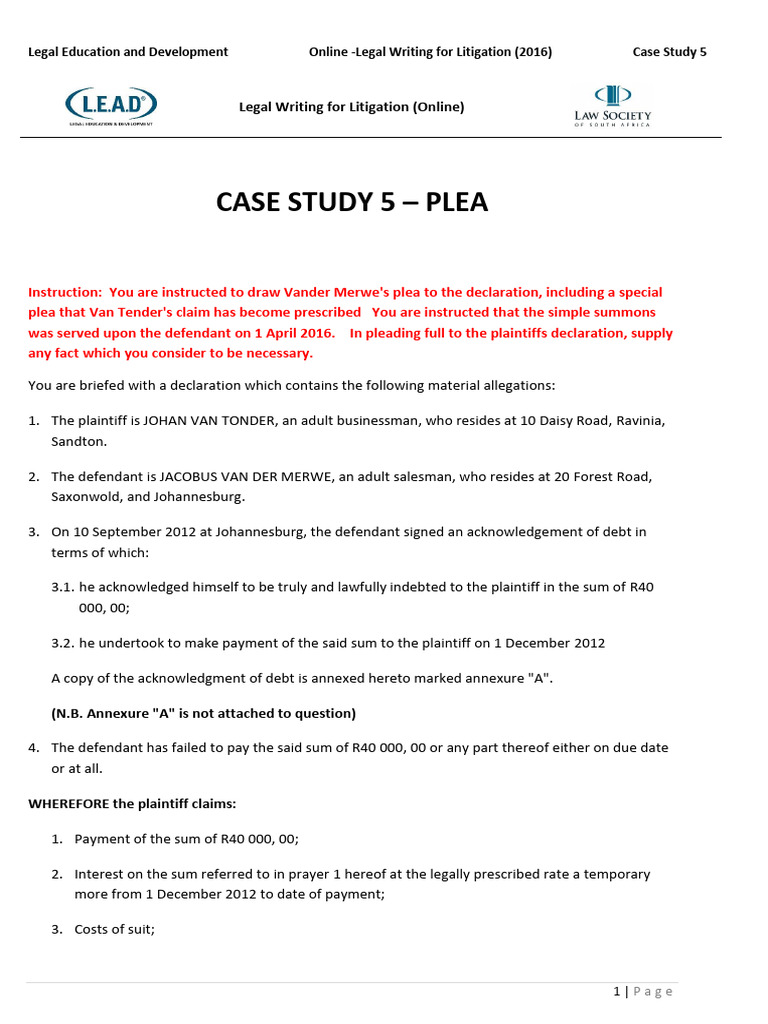 Plea Drafting in Litigation Case Study | PDF | Lawsuit | Justice