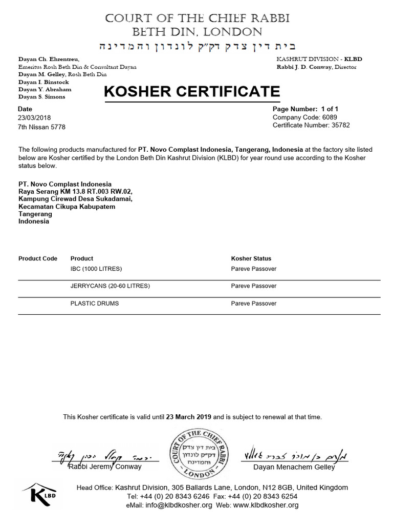 Kosher Certificate. | PDF