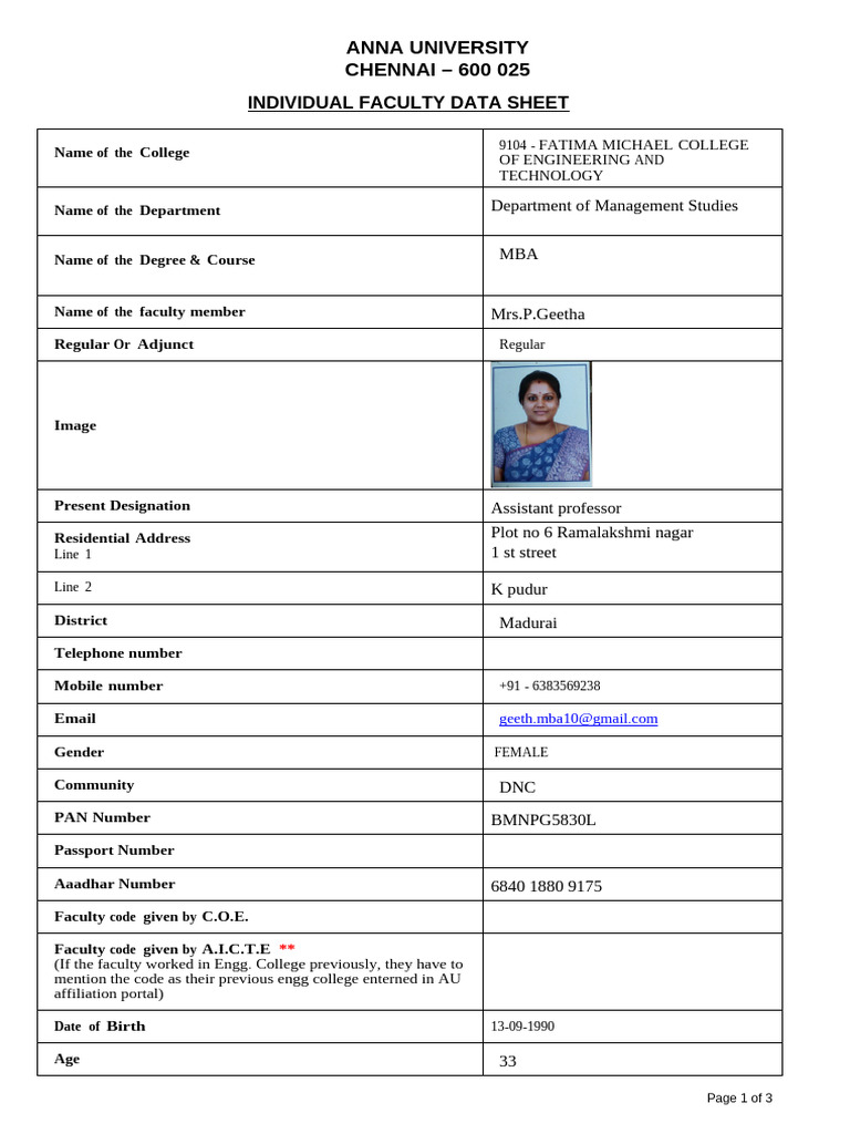 Faculty Data Sheet - Geetha | PDF | Higher Education | Academia
