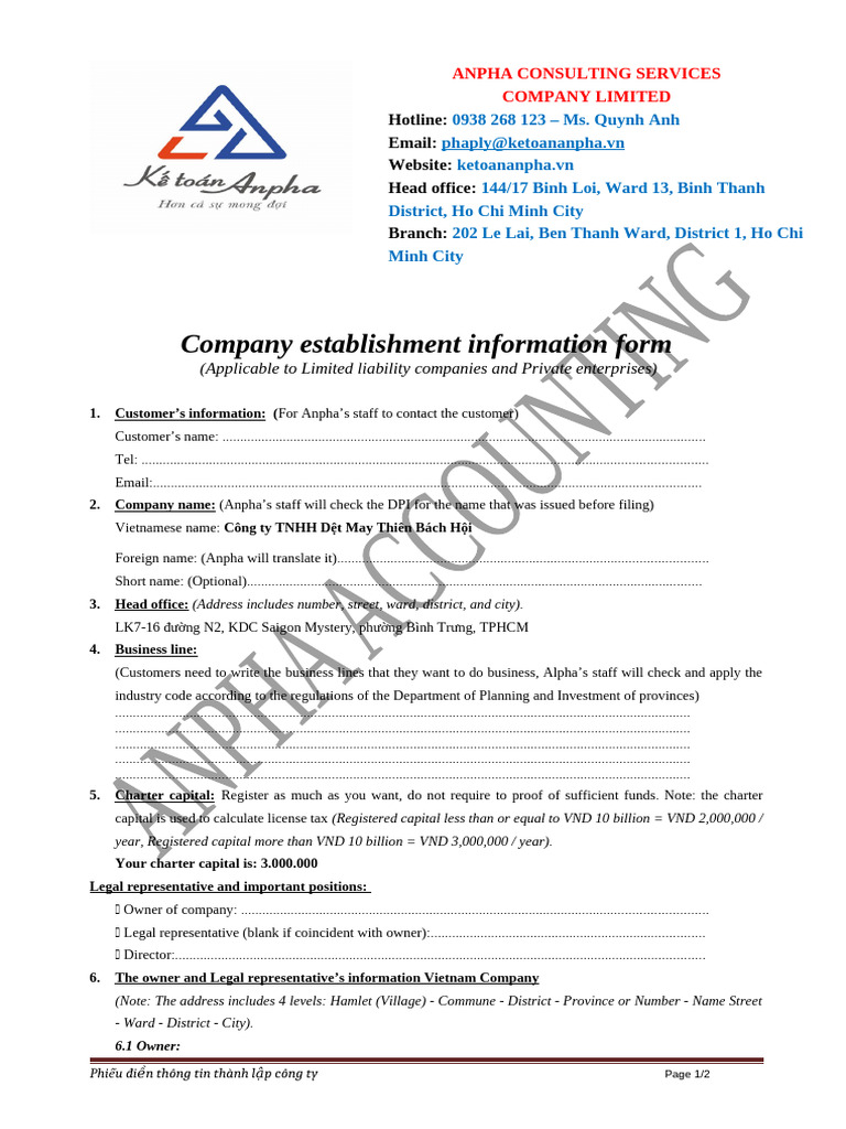 Company Establishment Form Guide | PDF | Ho Chi Minh City | Vietnam