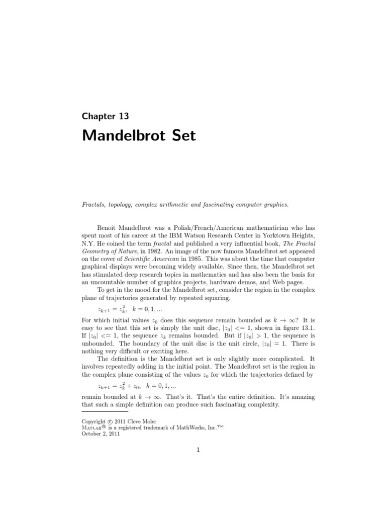 Mandelbrot Set Matlab Is A Registered Trademark Of Mathworks Inc October 2 2011 Pdf