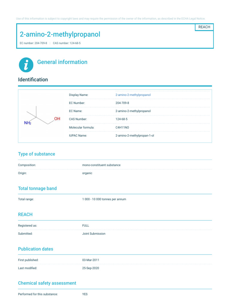 2-Amino-2-Methylpropanol - Registration Dossier - ECHA | PDF | Chemical ...