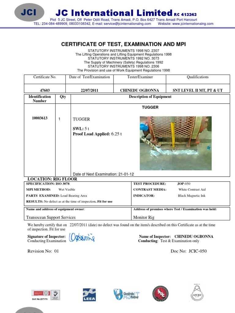 JC International Limited: Certificate of Test, Examination and Mpi ...