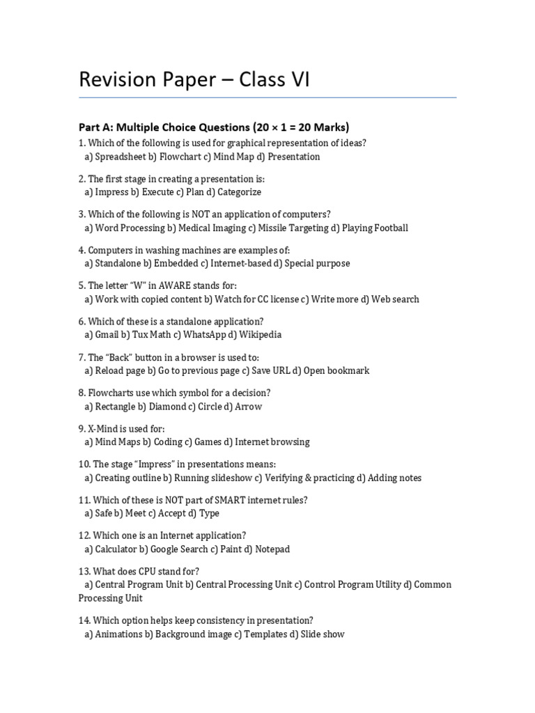 Class VI Computer Revision Questions | PDF | Spreadsheet | Internet
