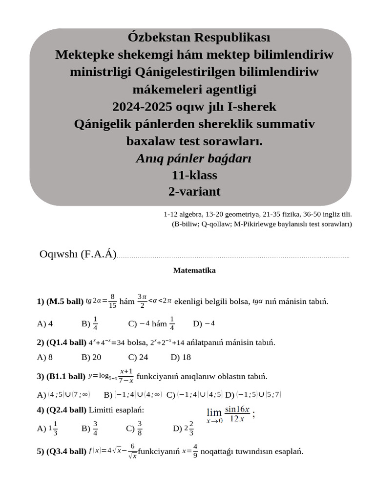 11-Klass 1-CHSB - 24-25 - QQR - Aniq 2 | PDF