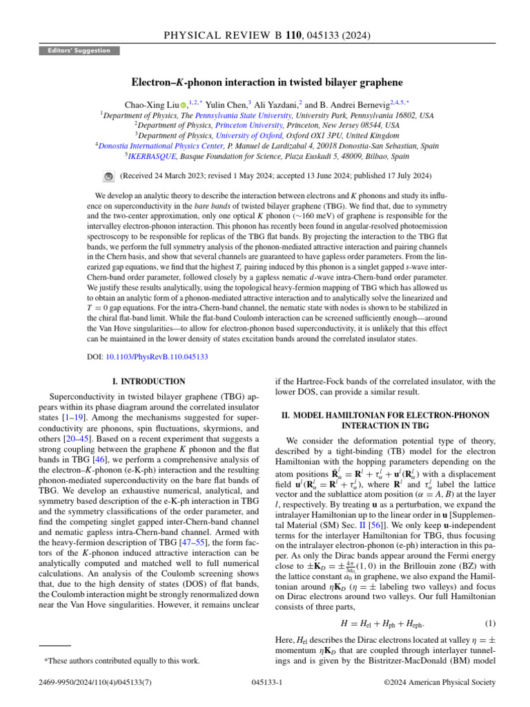 Electron–K-phonon Interaction in Twisted Bilayer Graphene | PDF | Phonon | Superconductivity