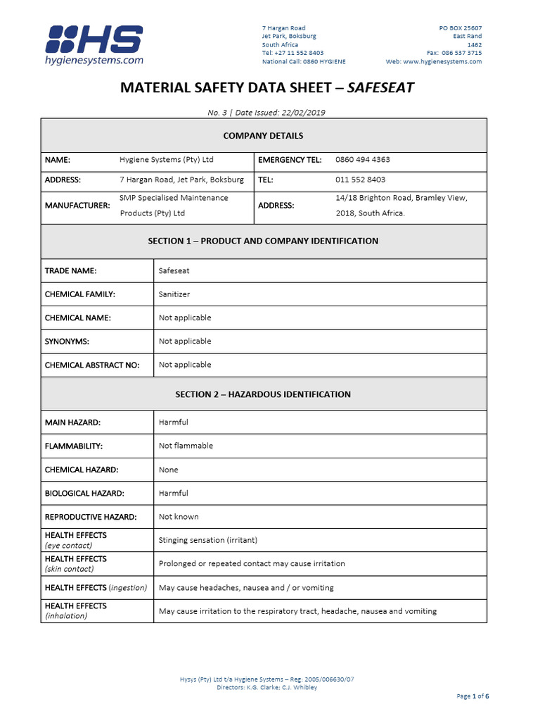 HS Safeseat SDS 2019 | PDF | Working Conditions | Safety