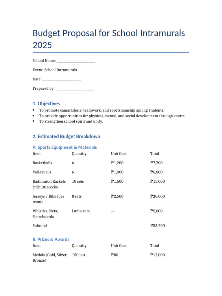 School Intramurals Budget Proposal | PDF