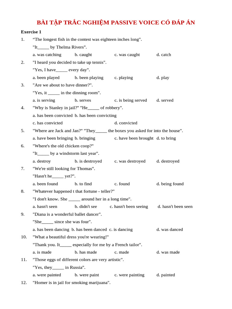Bai Tap Trac Nghiem Passive Voice Co Dap an Vieclamvui | PDF