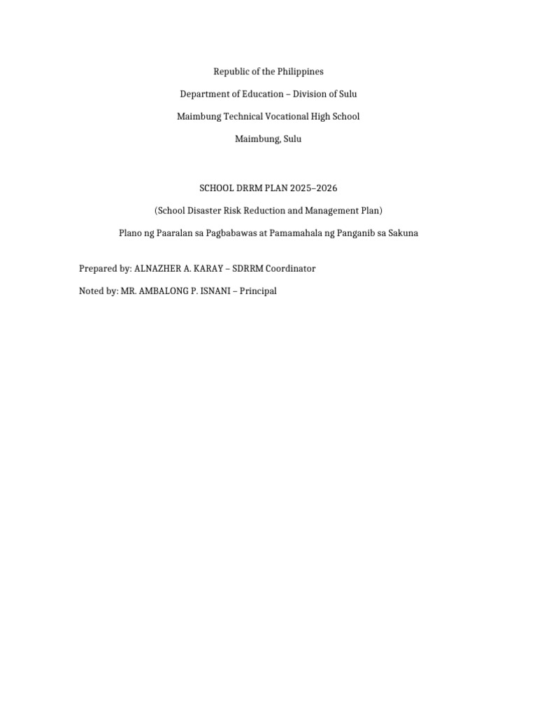 School Drrm Plan 2025 2026 Mtvhs Pdf