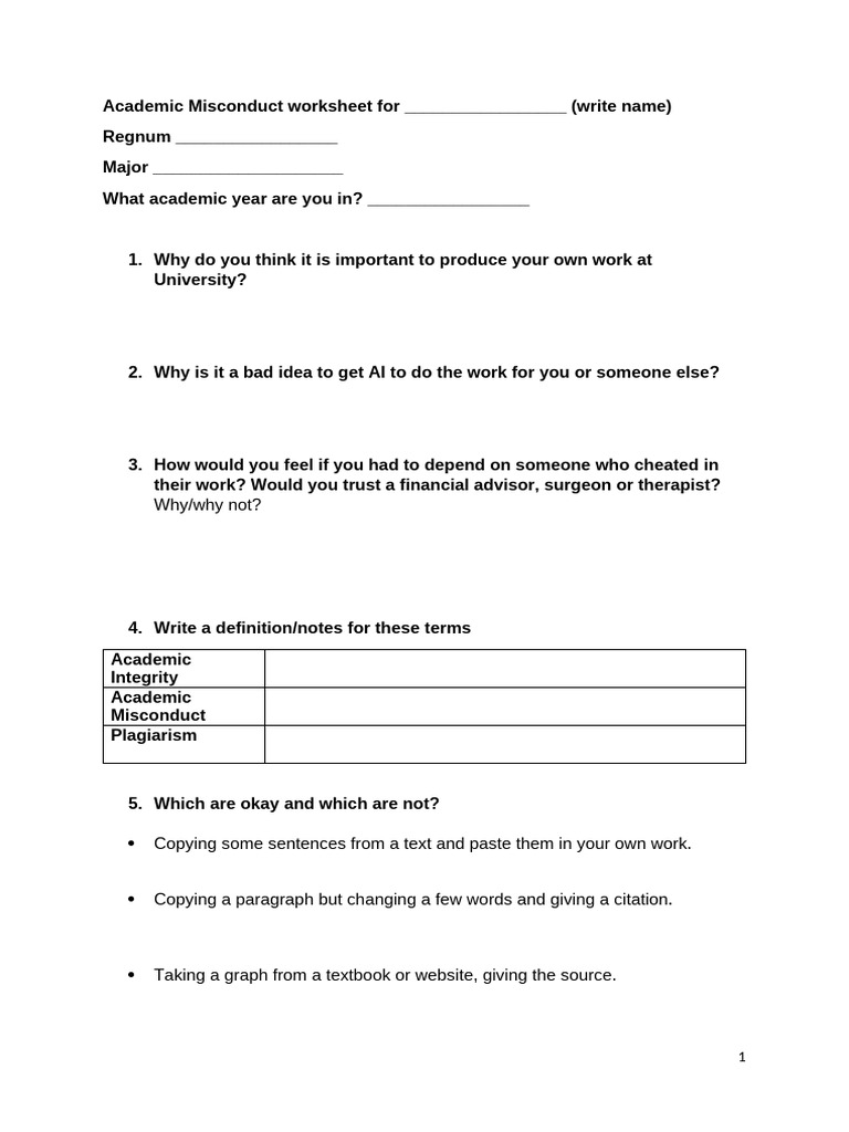 Academic Integrity Worksheet v4 | PDF | Academic Dishonesty | Linguistics