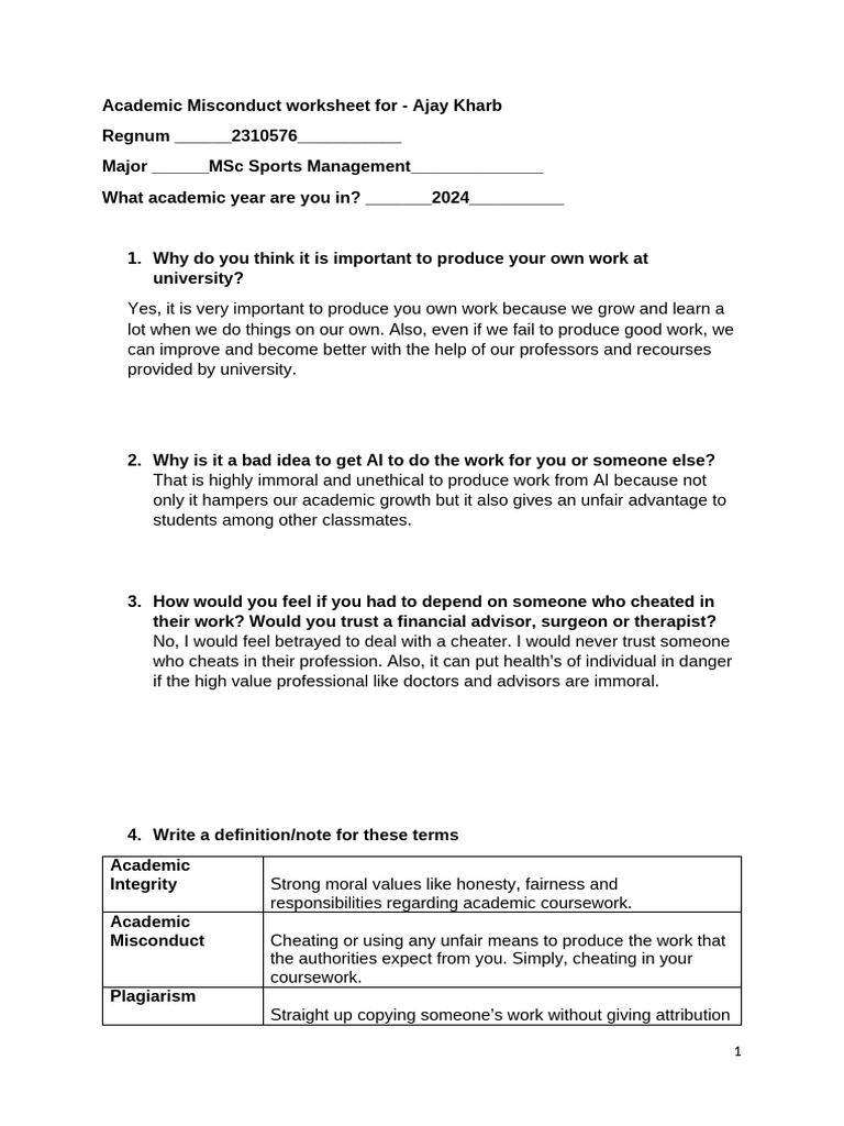 Ajay Integrity Worksheet v4 | PDF | Academic Dishonesty