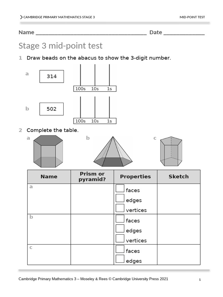 Cambridge Primary Maths Stage 3 Test | PDF | Metrology | Length