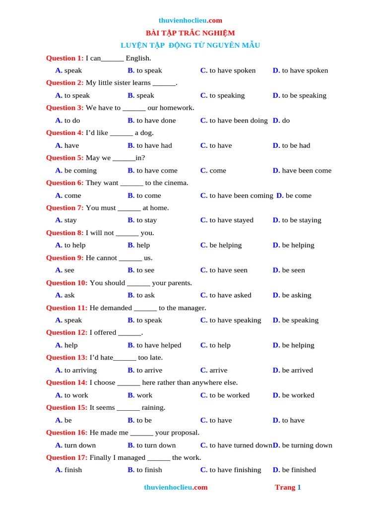 Thuvienhoclieu.com Trac Nghiem Luyen Tap Dong Tu Nguyen Mau Trong Tieng Anh | PDF