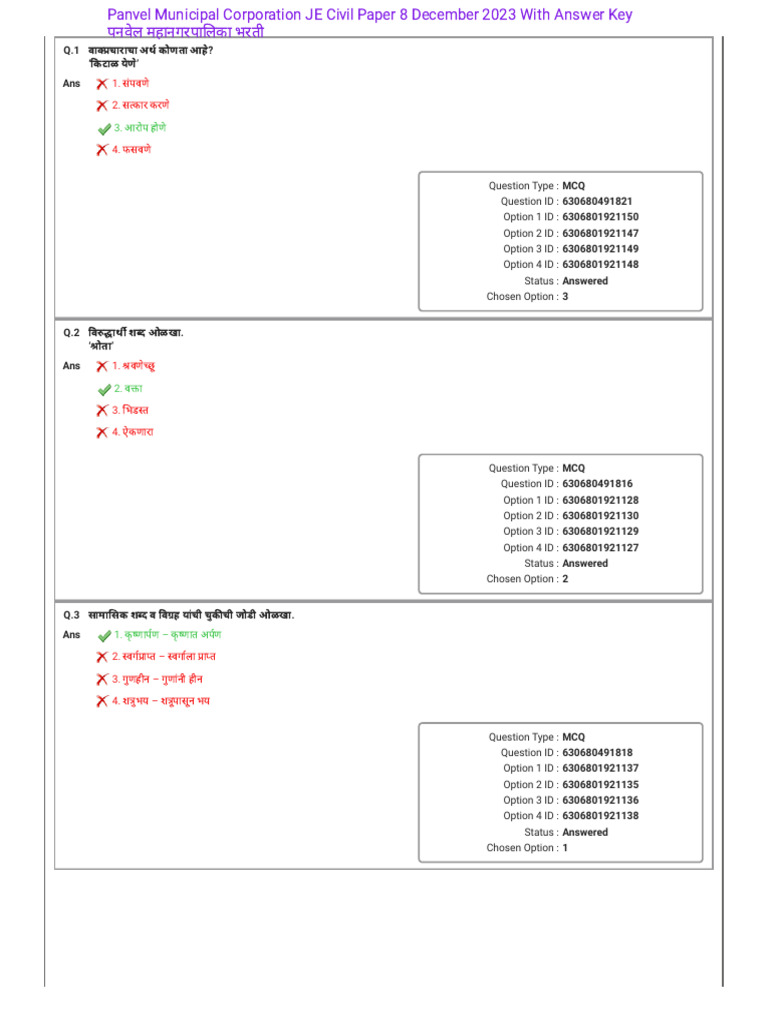 Panvel Municipal Corporation JE Civil Paper 8 Dec 2023 With Key | PDF