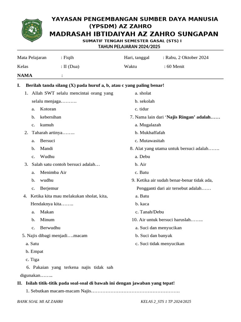 Soal Sts 1 Fiqih Kls 2 2024 | PDF