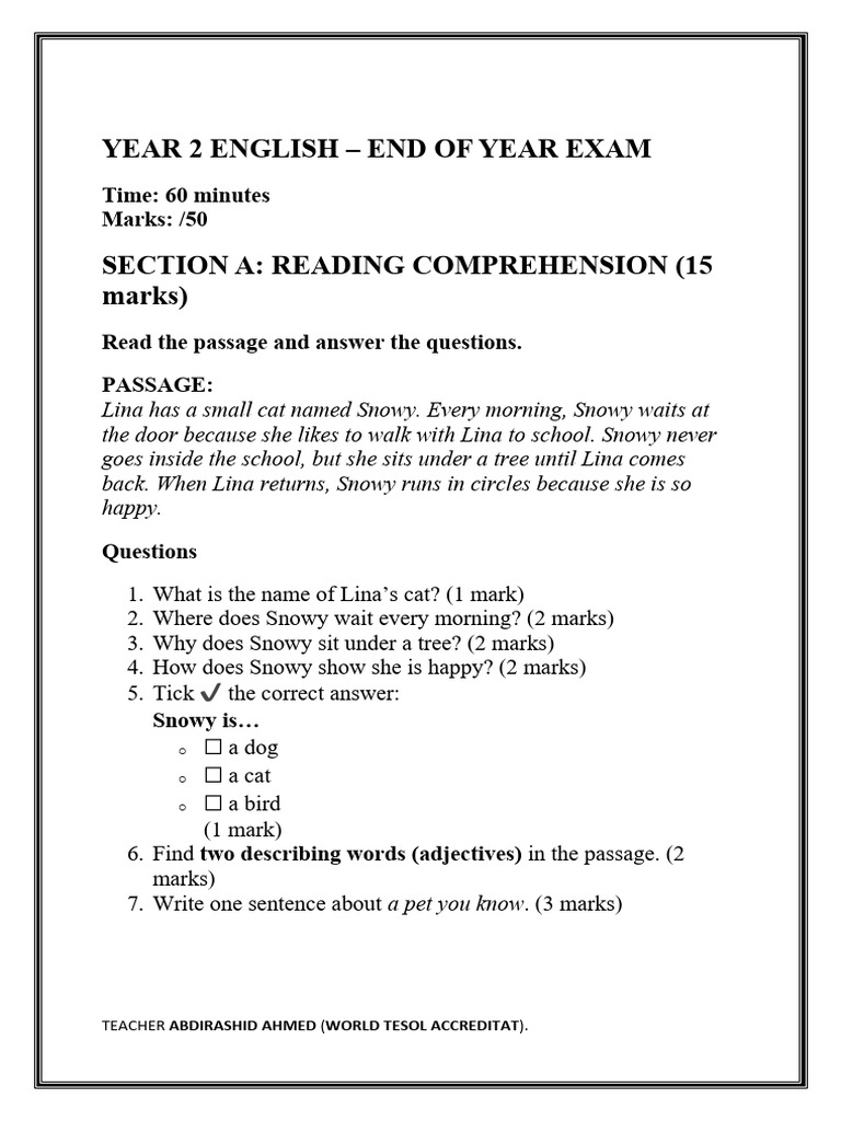 Year 2 English Exam: Reading & Writing | PDF