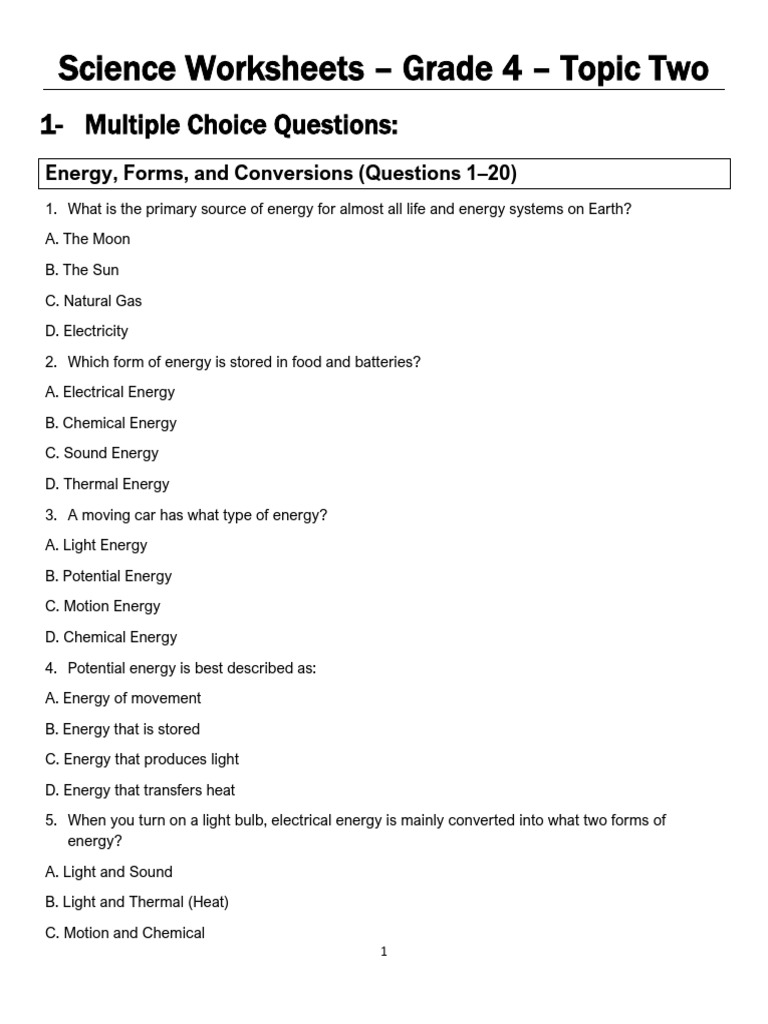 Science Worksheets - G.4 - Topic Two | PDF | Energy Development ...