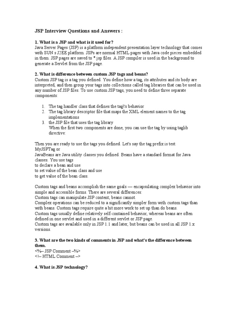 JSP Interview Questions and Answers:: 1. What Is A JSP and What Is It Used For? | PDF | Java ...