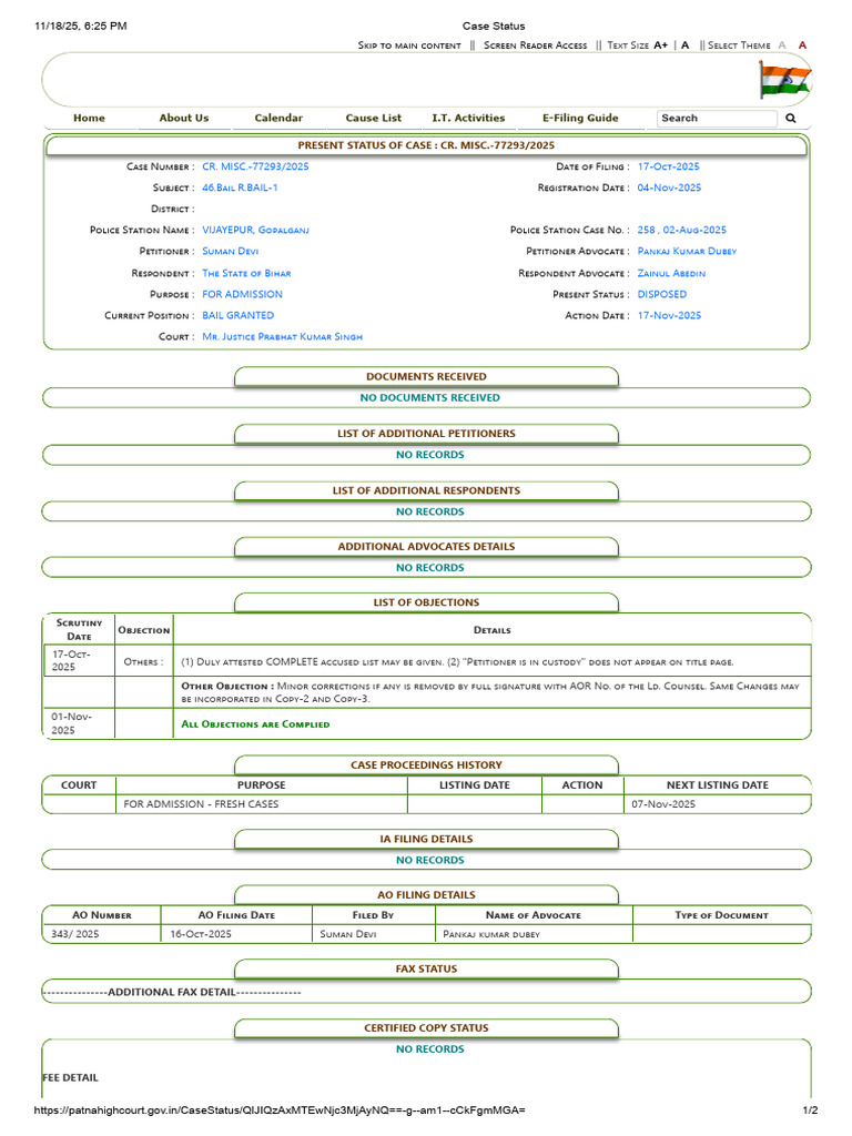 Patna High Court Case Status: CR. MISC.-77293/2025 | PDF | Justice ...
