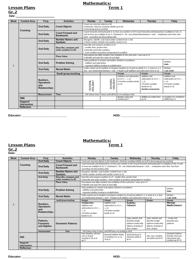 Grade 2 Term 1 Mathematics Lesson Plan | PDF | Multiplication | Numbers