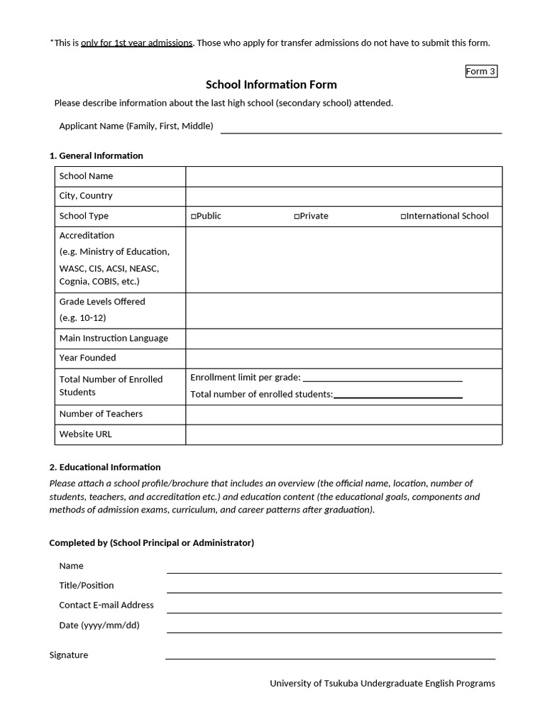 Form 3 School Information 2026 | PDF