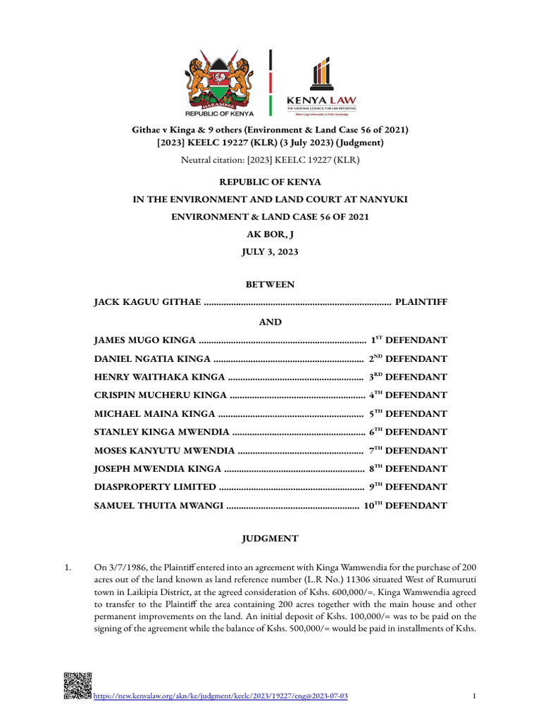 Githae V Kinga 9 Others (Environment Land Case 56of2021) 2023KEELC19227 ...