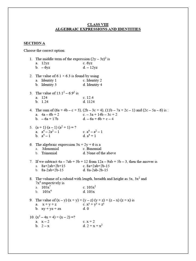 Class VIII Algebraic Expressions Quiz | PDF | Algebra | Mathematics