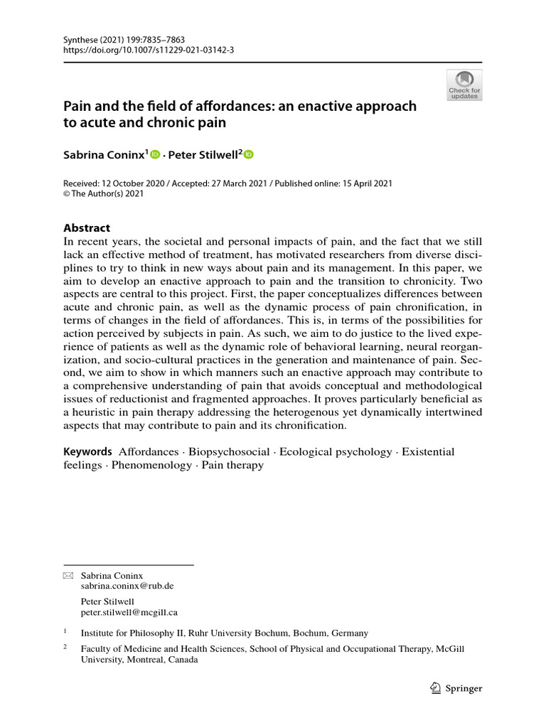 Pain and The Field of Affordances - Stilwell 2021 | PDF | Experience | Pain