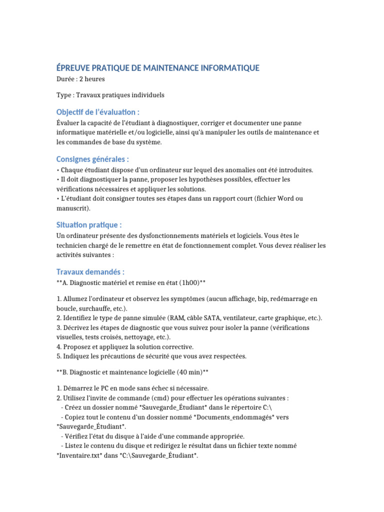 Épreuve de Maintenance Informatique | PDF | Démarrage d'un ordinateur ...
