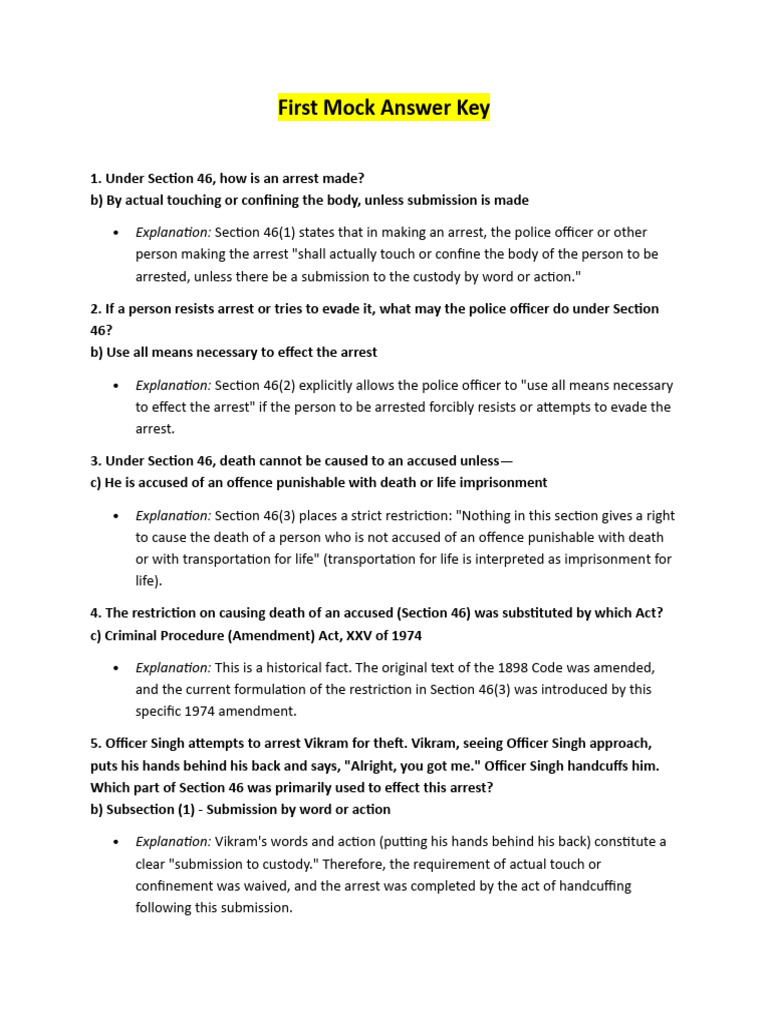 First Mock Answer Key | PDF | Arrest | Bail