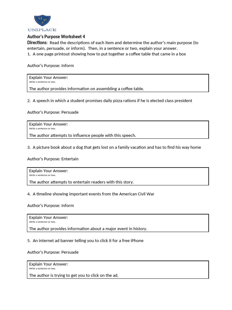 Lesson24 Authors Purpose Worksheet 4 Answers | PDF