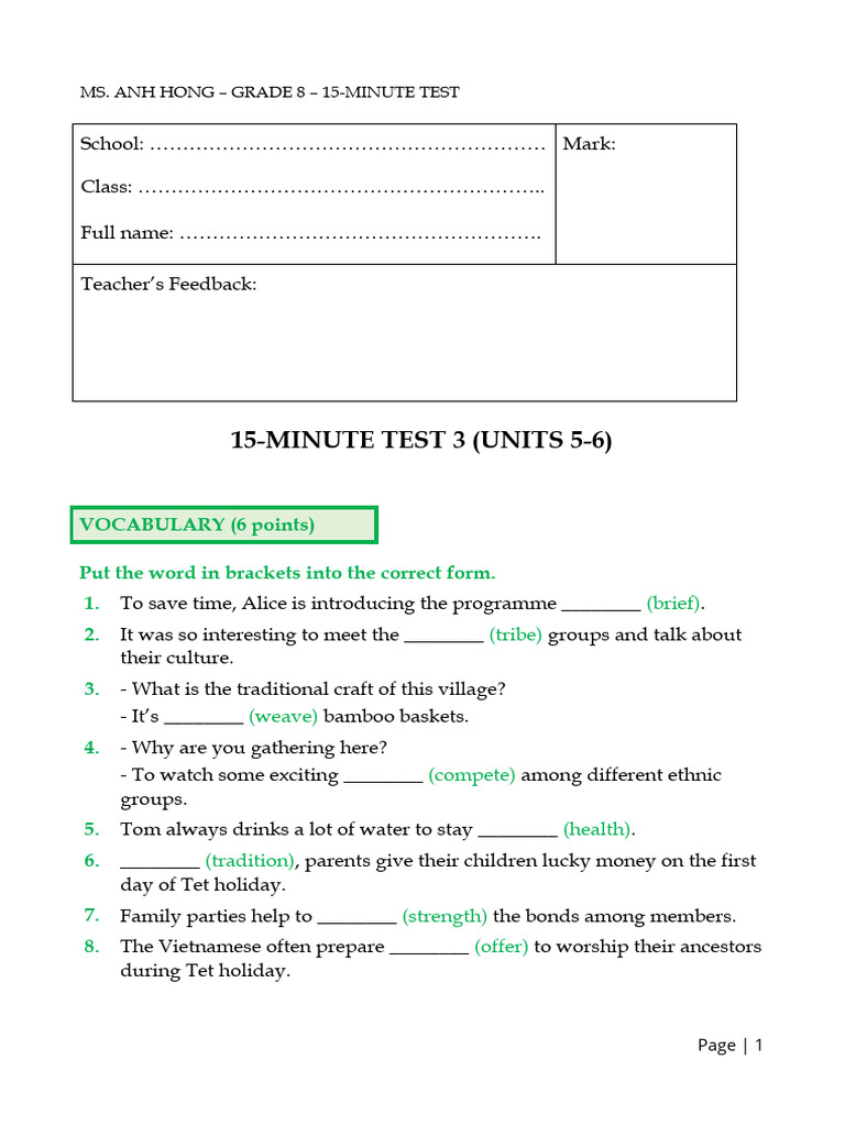 15-Minute Test 3 (Semester 1) | PDF
