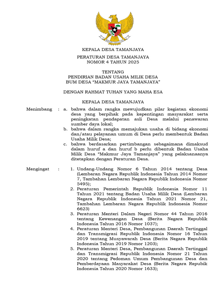 Pendirian BUM Desa "Makmur Jaya" Tamanjaya | PDF