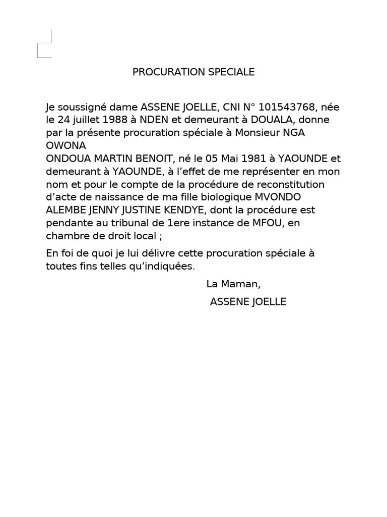Procuration spéciale pour acte de naissance | PDF