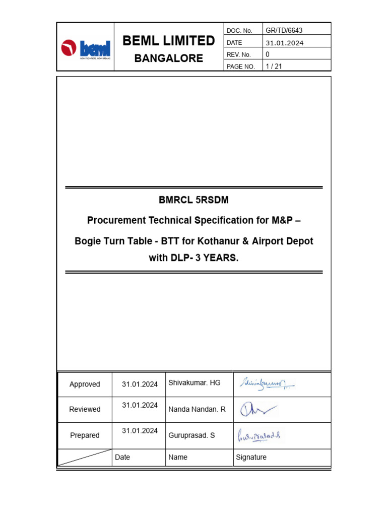BMRCL Bogie Turn Table Procurement Specs | PDF | Specification ...
