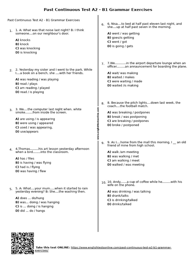Past Continuous Grammar Test A2-B1 | PDF