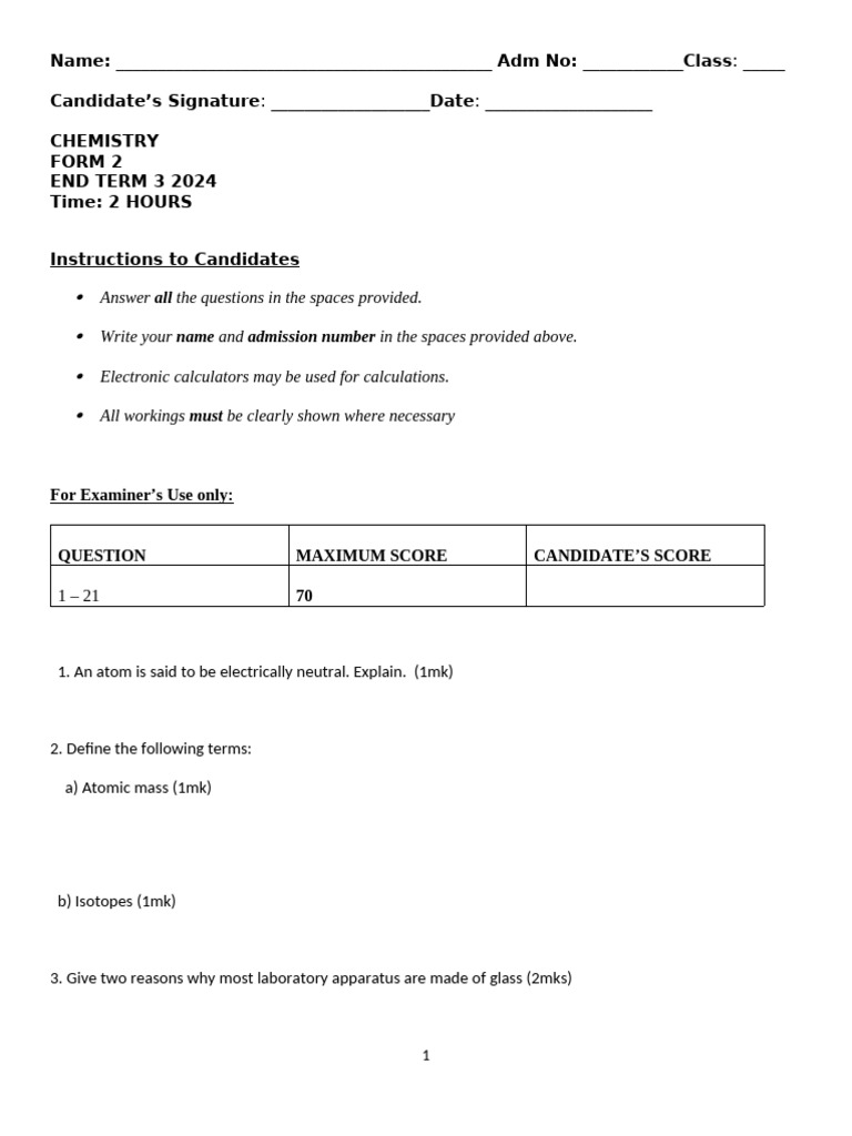 CHEMISTRY F2 QS | PDF | Magnesium | Chemical Substances