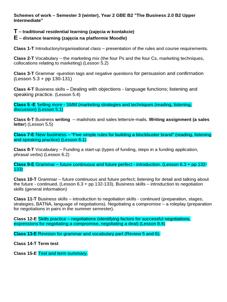 2025 S Year 2 B2 E-Course Winter Semester Schemes of Work | PDF ...