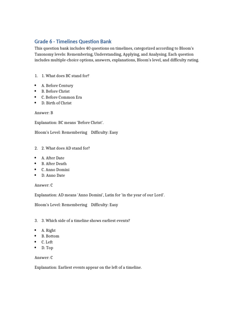 Grade 6 Timeline 40 Questions | PDF | Anno Domini | Common Era