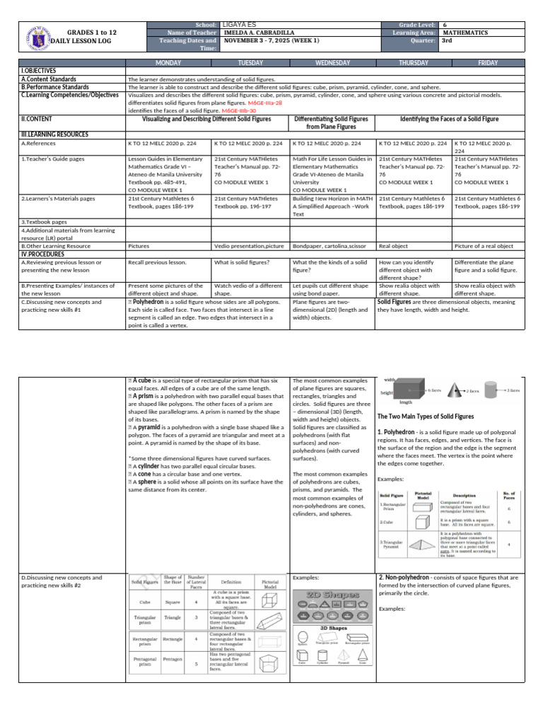 Dll Mathematics 6 q3 w1 | PDF | Shape | Triangle
