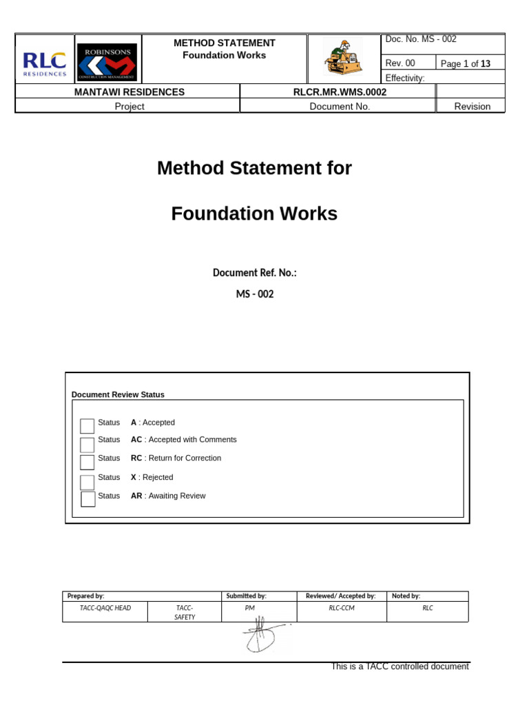 Foundation Works Method Statement | PDF | Concrete | Oil Spill