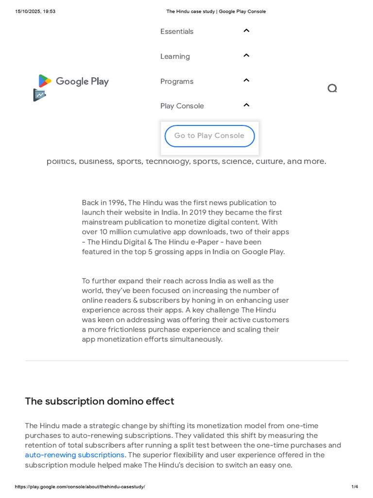The Hindu case study _ Google Play Console | PDF | Google Play | Subscription Business Model